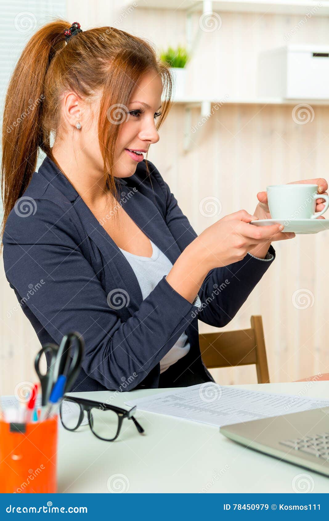 Girl is Drinking Coffee in the Office Stock Image - Image of people ...