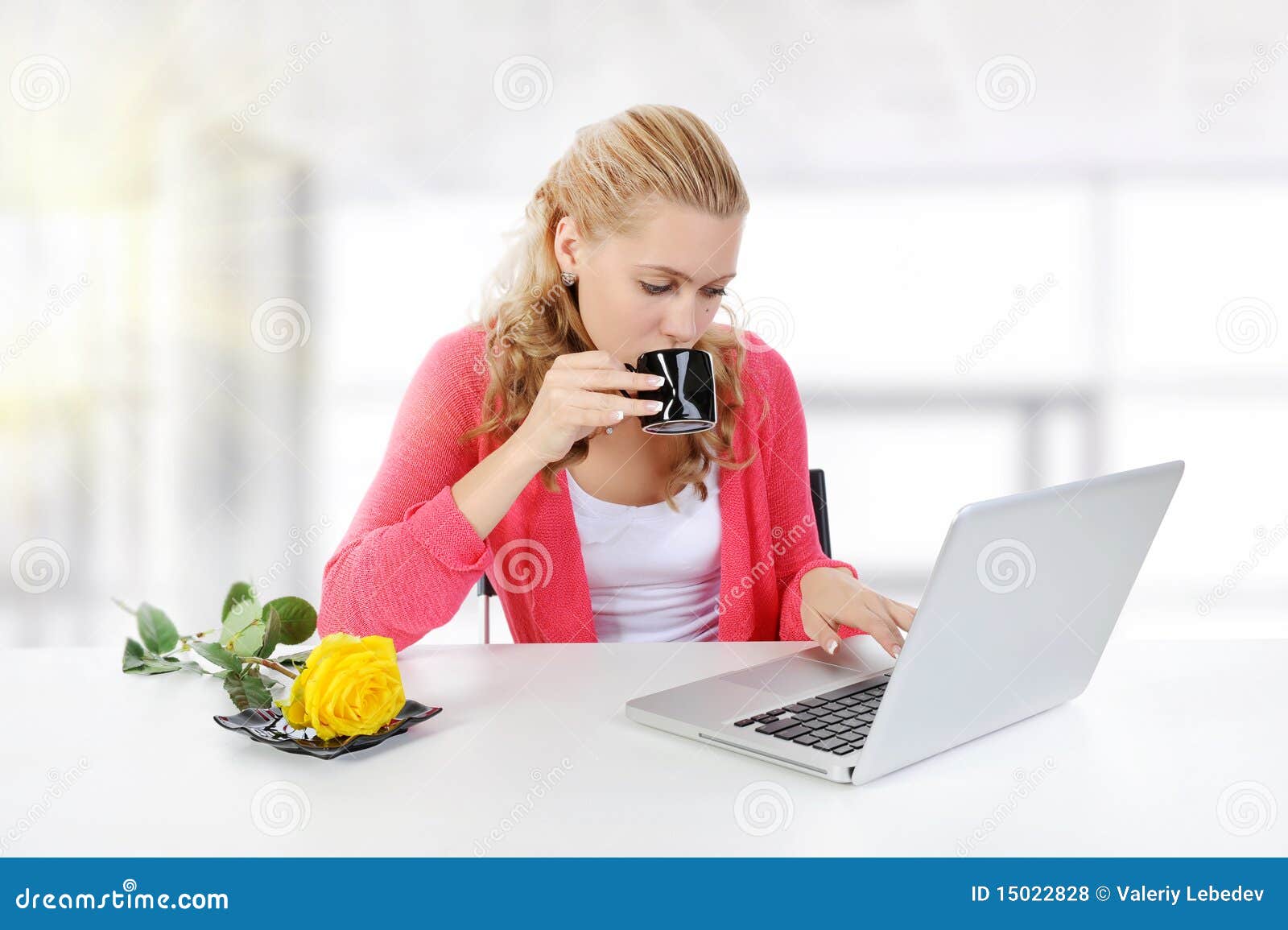 Girl Drinking Morning Coffee in the Office. Stock Photo - Image of ...
