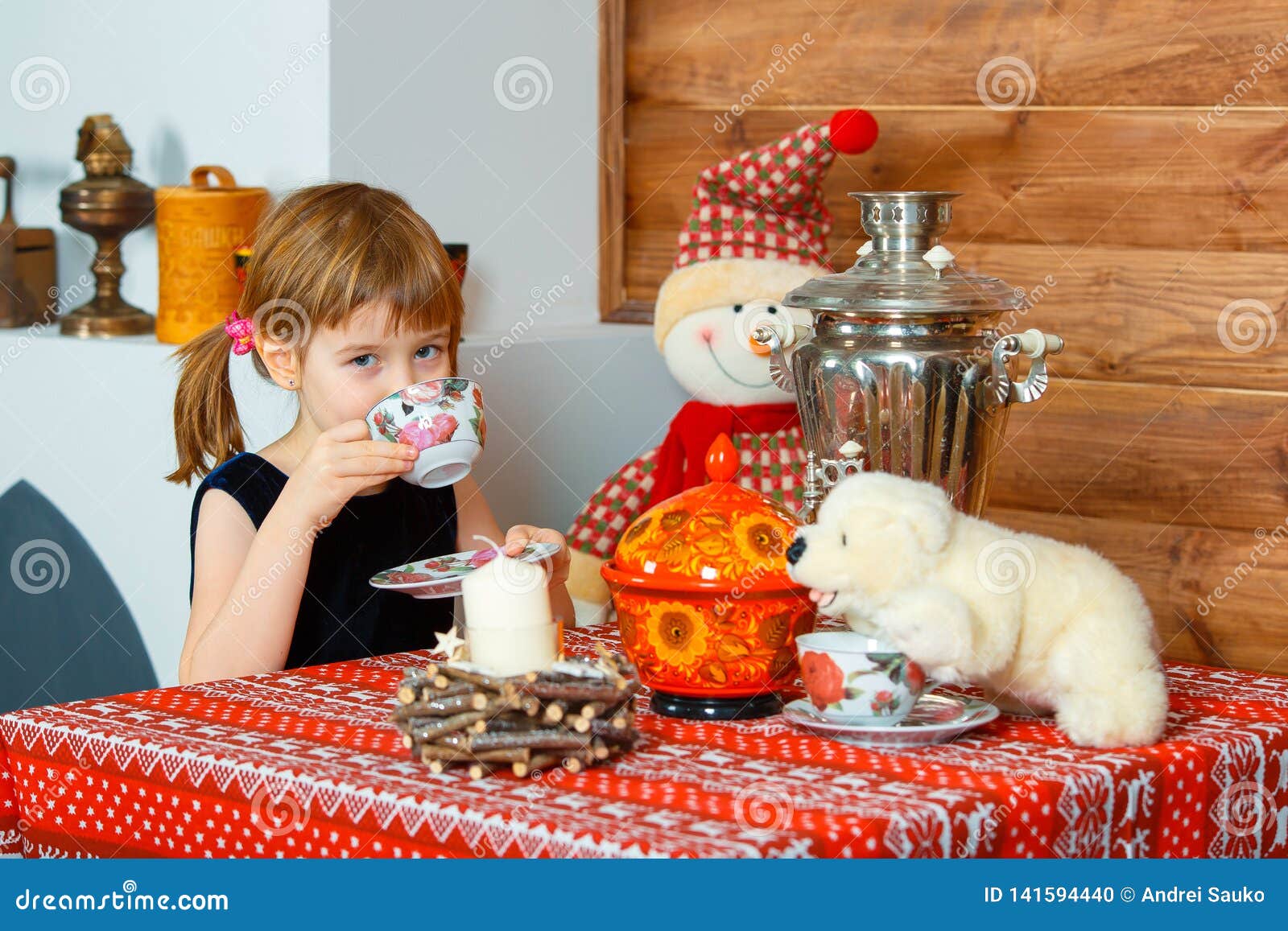 The Girl is Drinking Tea and Smiling Stock Photo - Image of childhood ...
