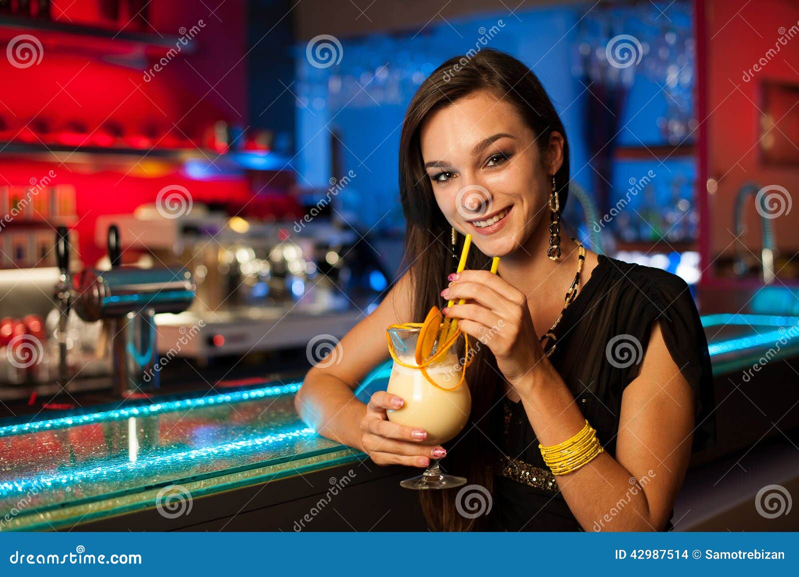 Girl Drinks a Cocktail in Night Club Stock Photo - Image of lunch ...