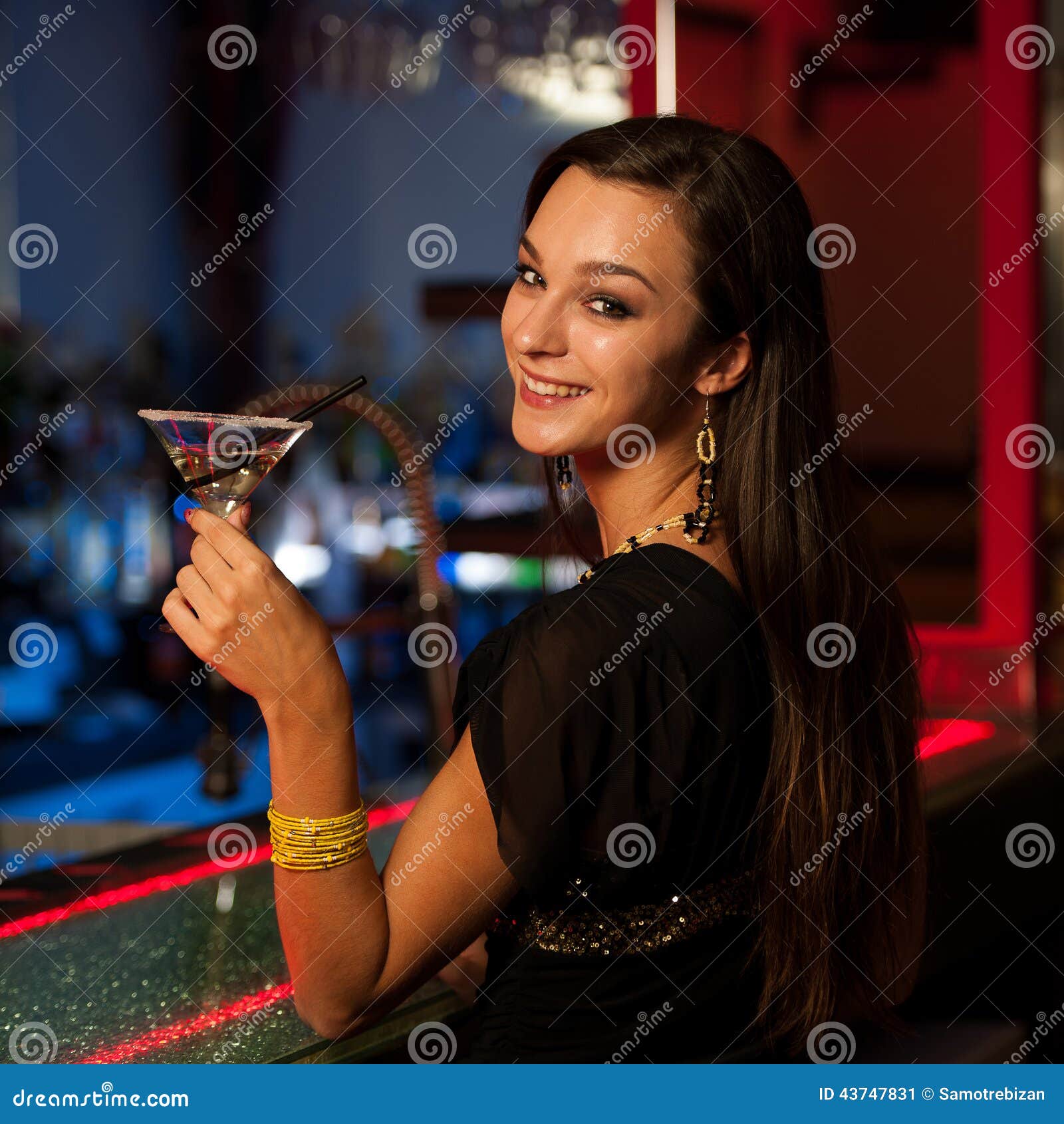 Girl Drinks a Cocktail in Night Club Stock Image - Image of lady ...