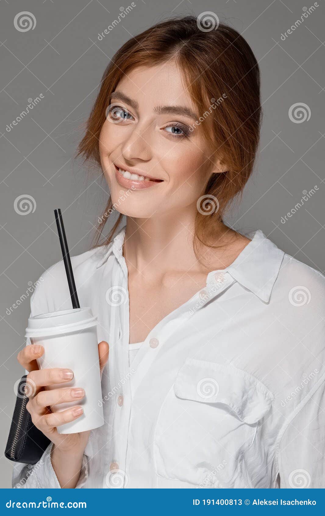 Girl Drinks Juice Through Straw From Take Away Glass Stock Image
