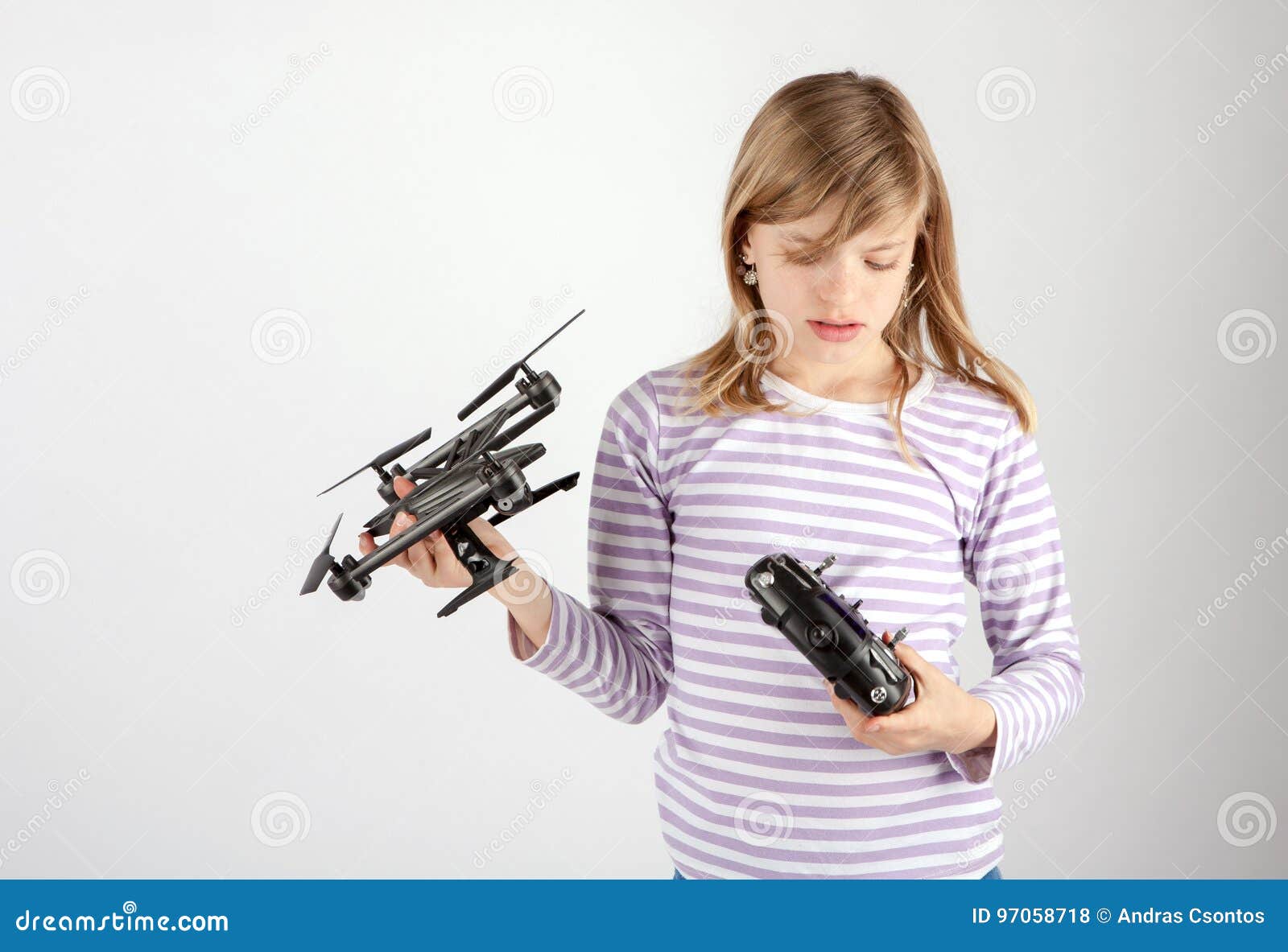 Girl with Drone and Remote Control Stock Photo - Image of flying ...