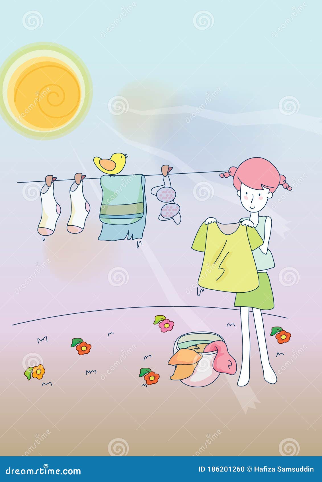 Girl Drying Laundry on Clothesline. Vector Illustration Decorative ...