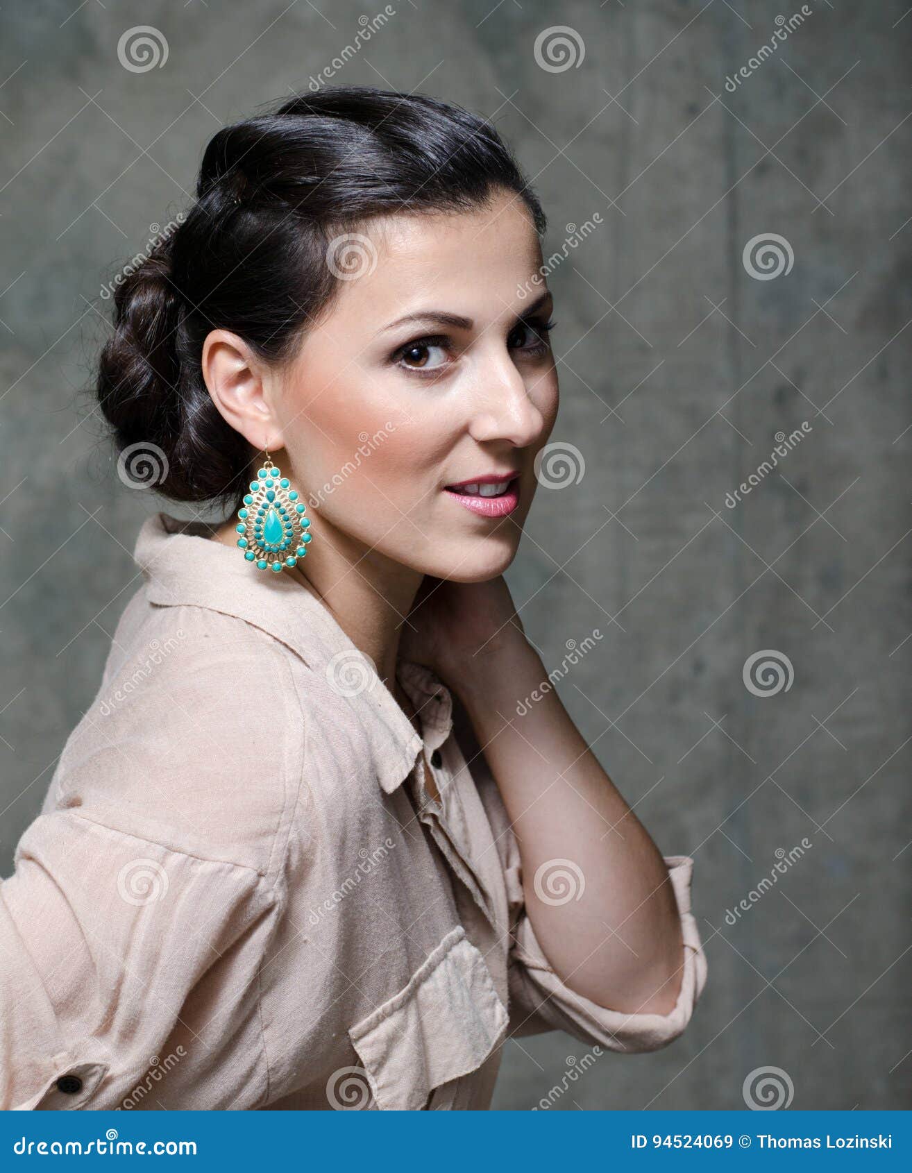 Girl with earing stock image. Image of brunette, makeup - 94524069