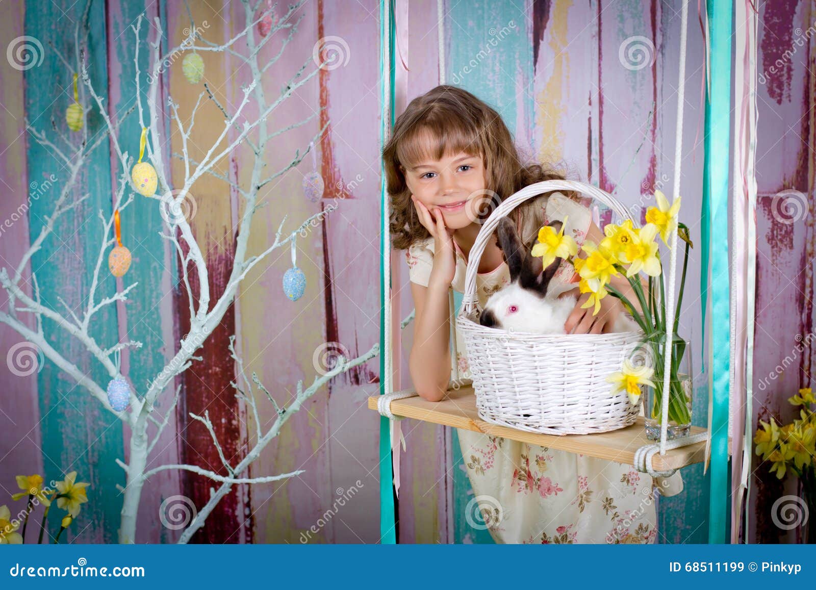 The Girl and Easter Rabbit on a Swing Stock Image - Image of easter ...