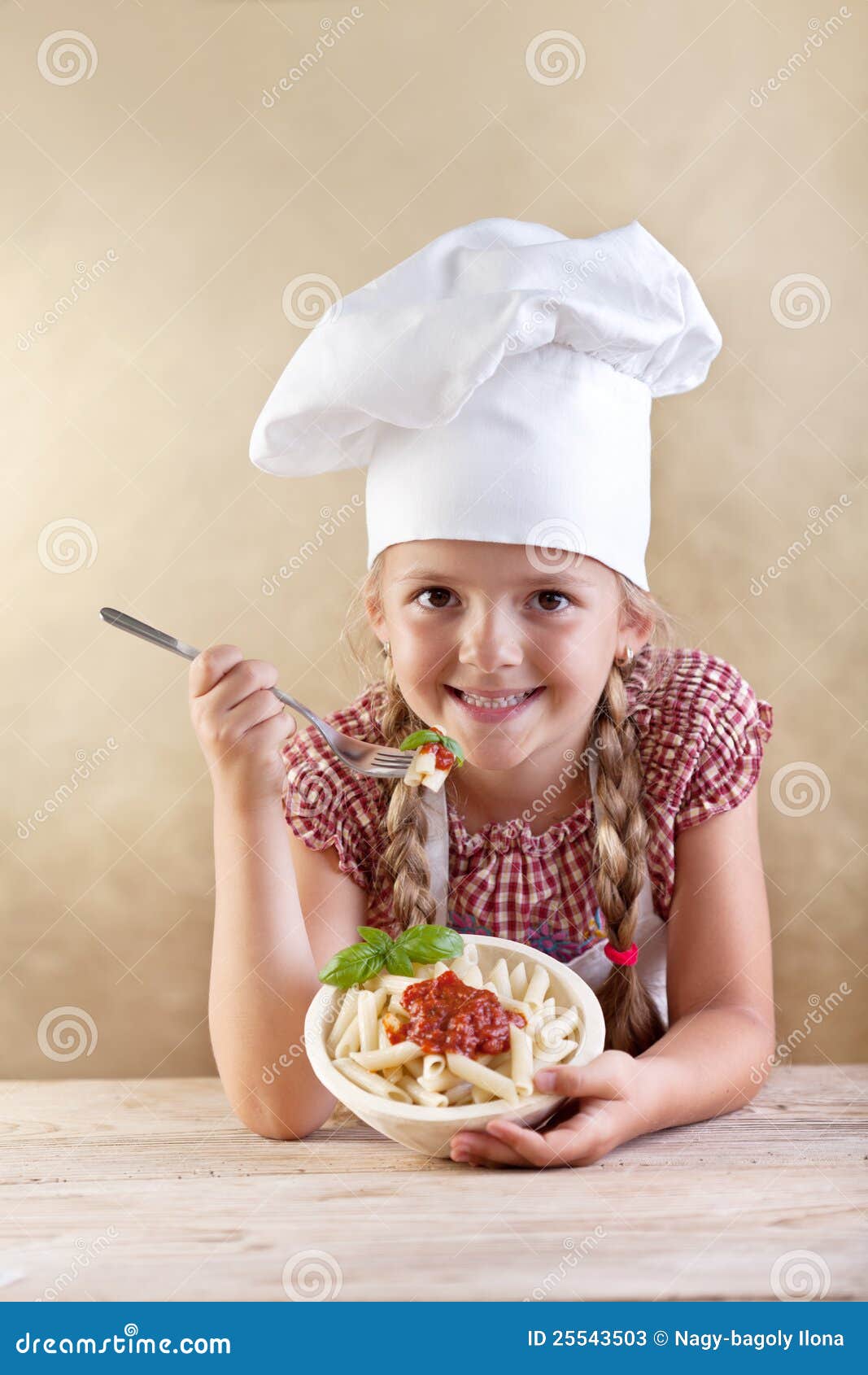Girl Eating Pasta with Tomato Sauce and Basil Stock Image - Image of ...