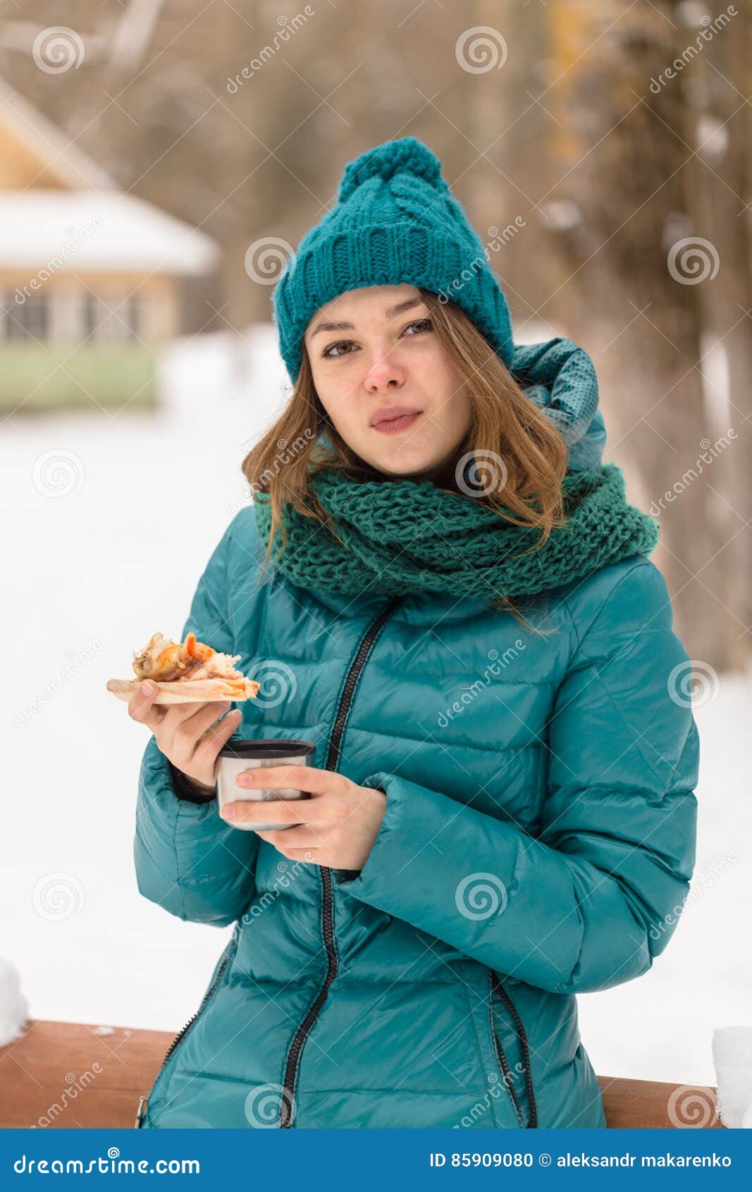 Girl Eating Pizza in the Cold Winter Stock Photo - Image of season ...