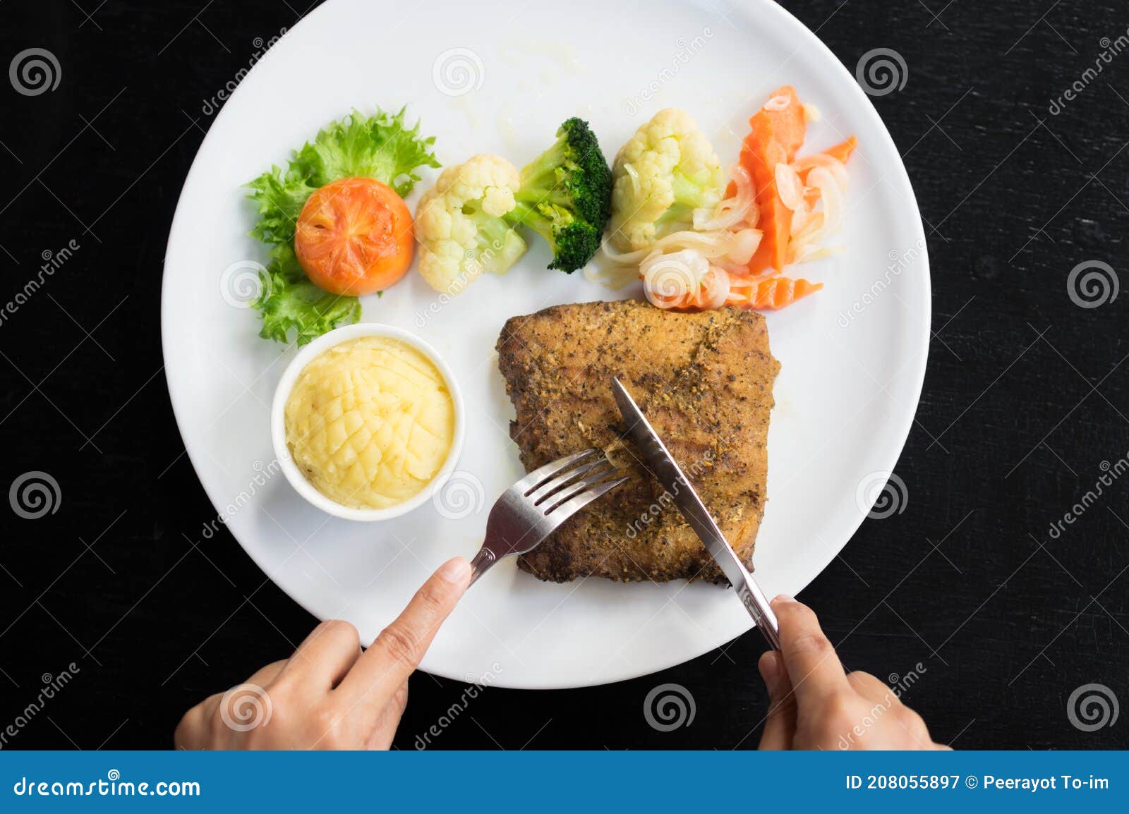 Girl Eating Pork Steak with Knife and Fork Stock Image - Image of diet ...