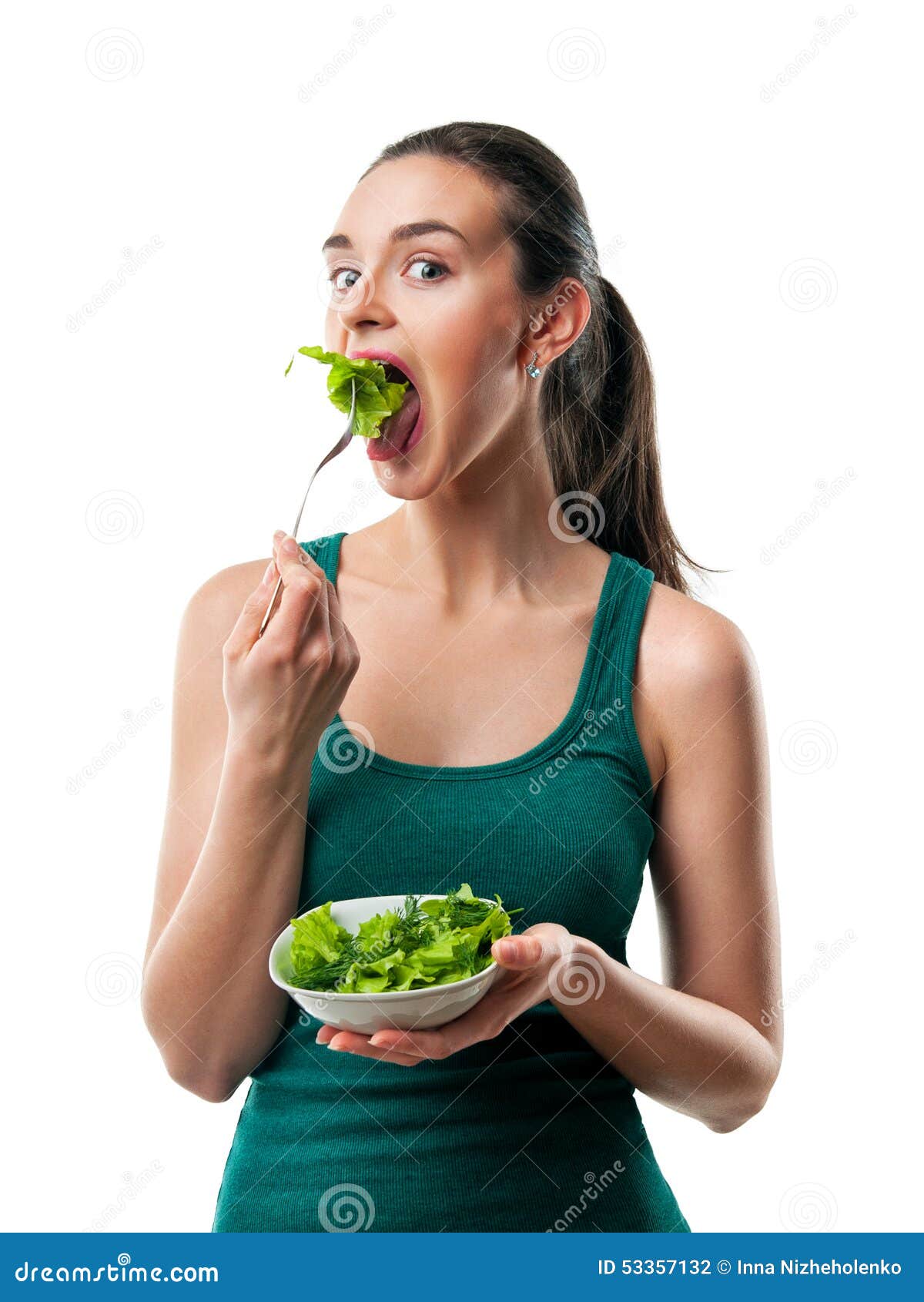 Girl eating salad stock photo. Image of female, happiness - 53357132