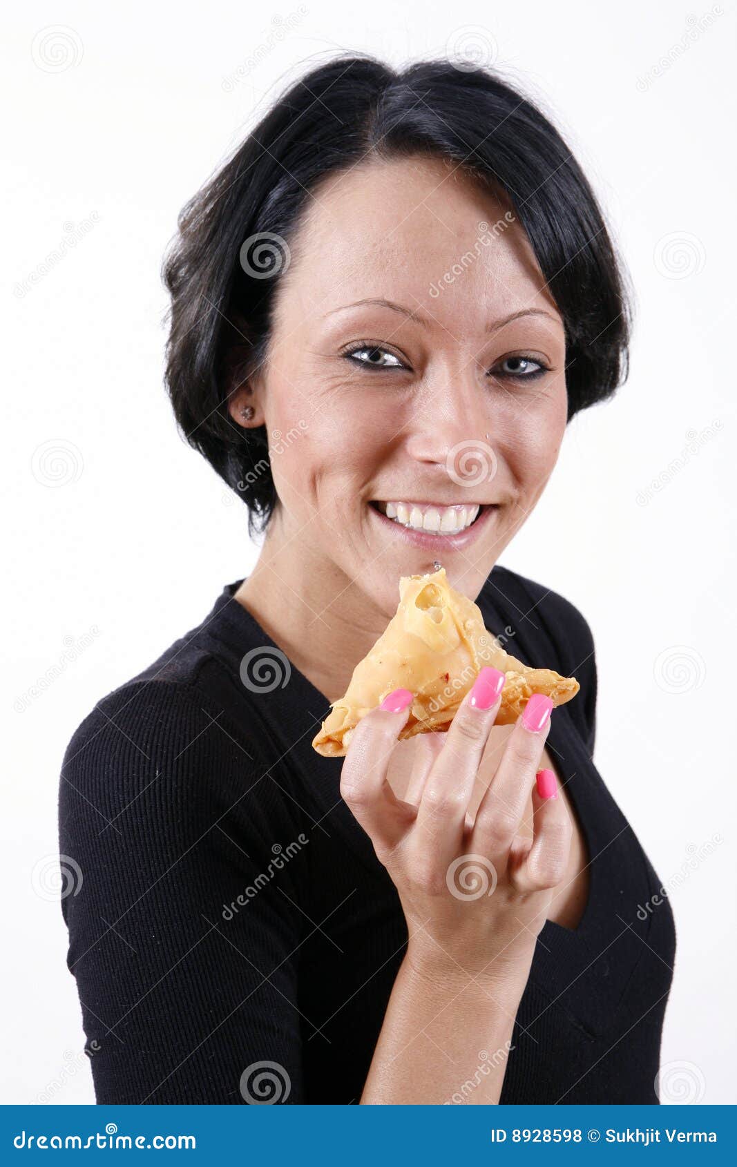 Girl eating samosa stock photo. Image of sauce, smiling - 8928598