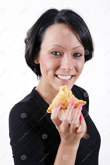 Girl eating samosa stock photo. Image of sauce, smiling - 8928598