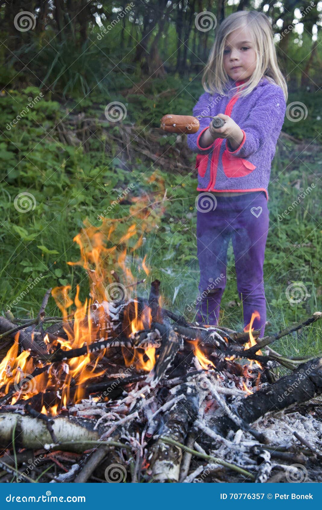 Girl Eating Sausage Cooked on Camp Fire Stock Image - Image of cooked ...
