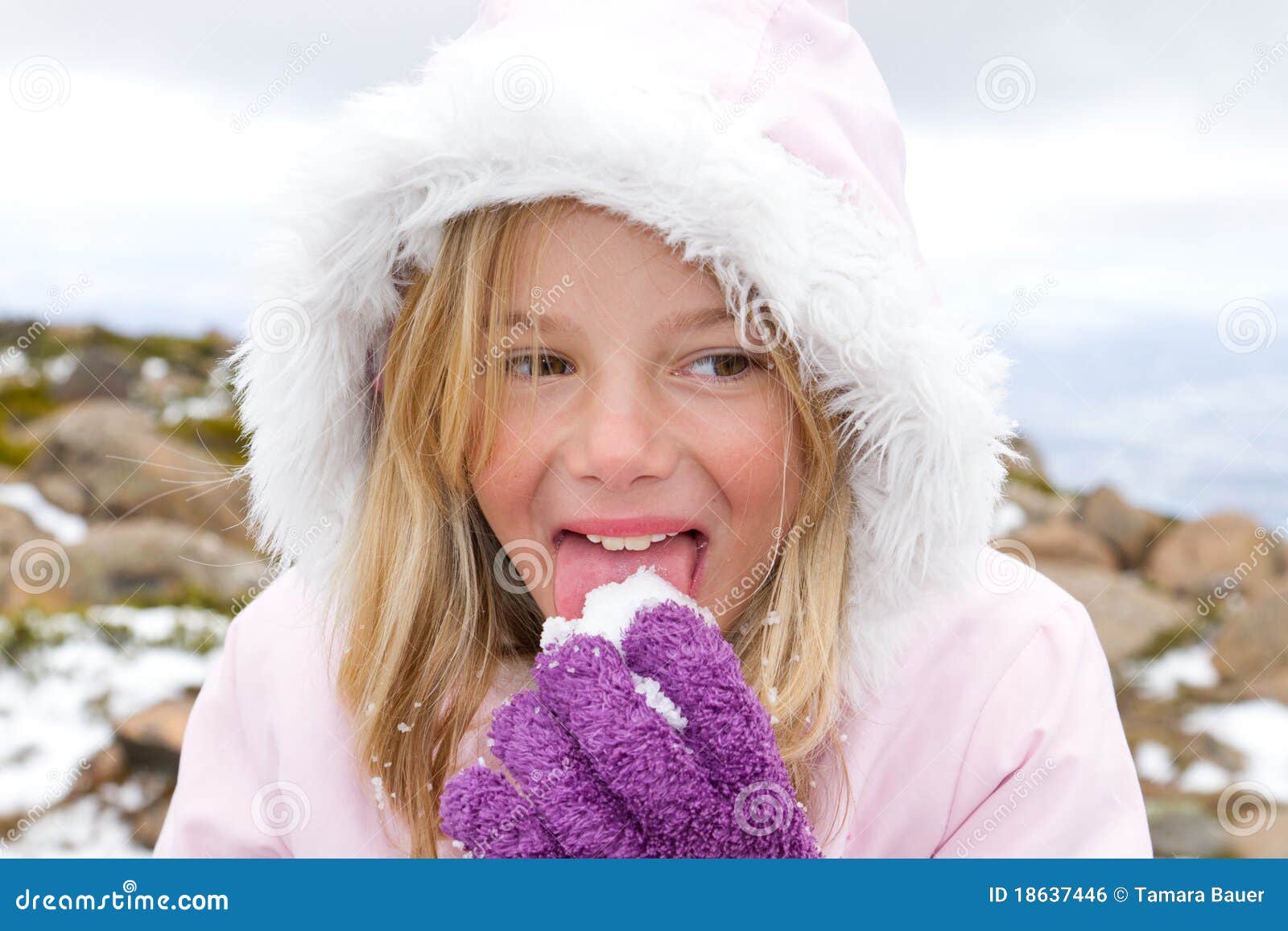 Girl eating snow stock photo. Image of mount, fresh, face - 18637446