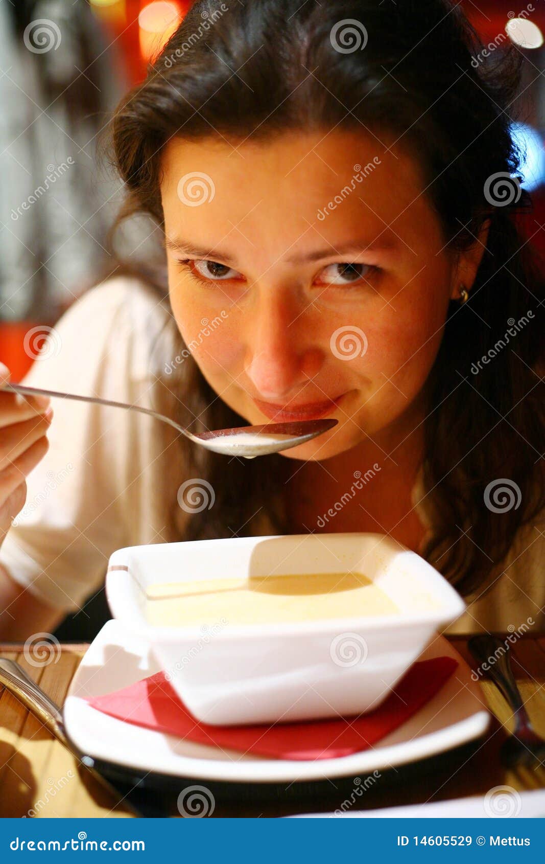 Girl eating the soup stock image. Image of health, black - 14605529