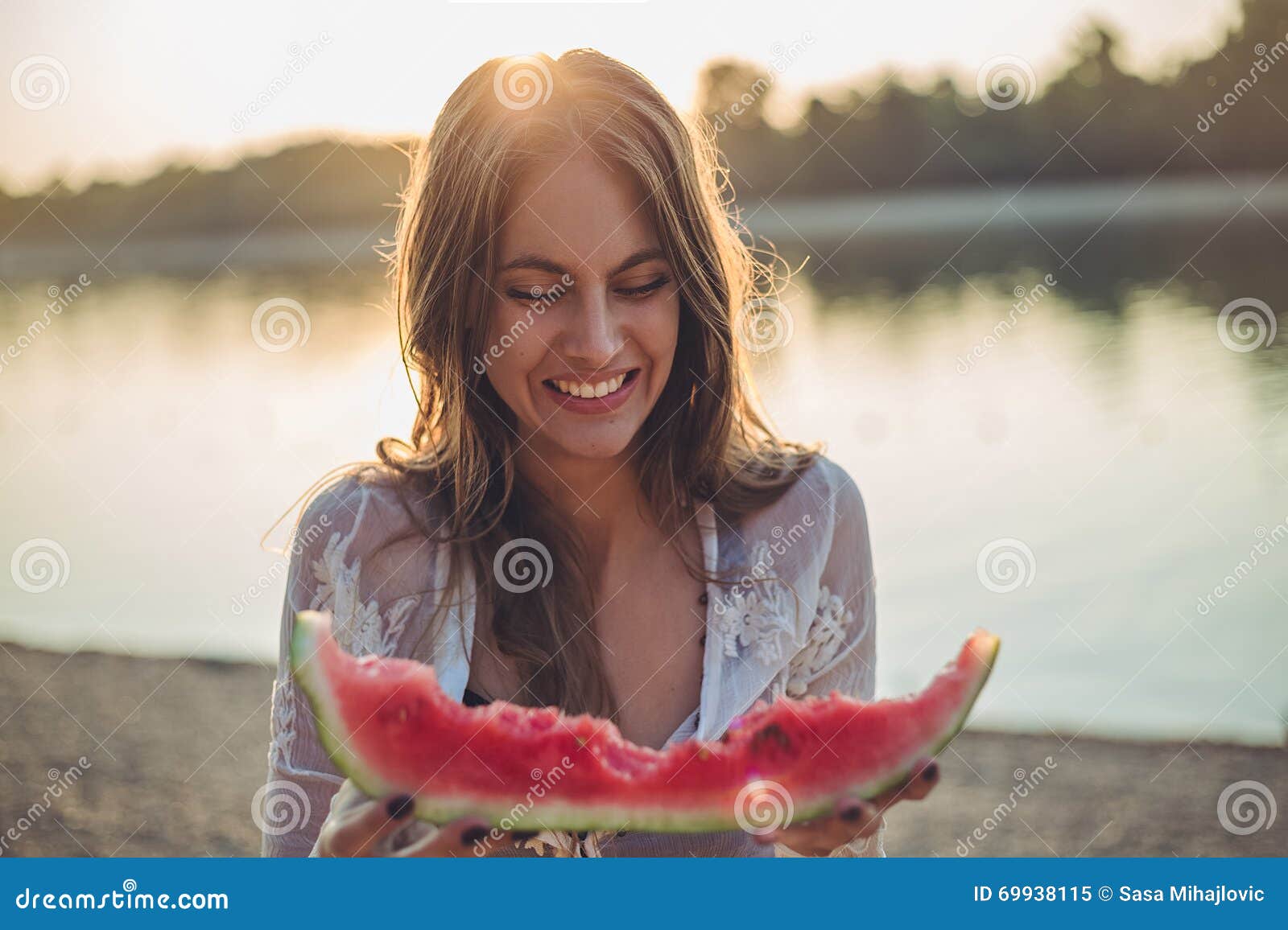 Girl Eating Watermelon and Smiling Stock Image - Image of lake, health ...