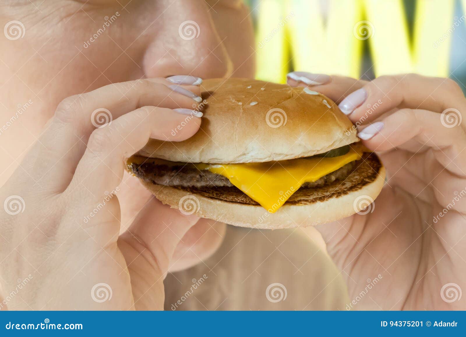 The Girl Eats an Appetizing Cheeseburger Stock Image - Image of diet ...