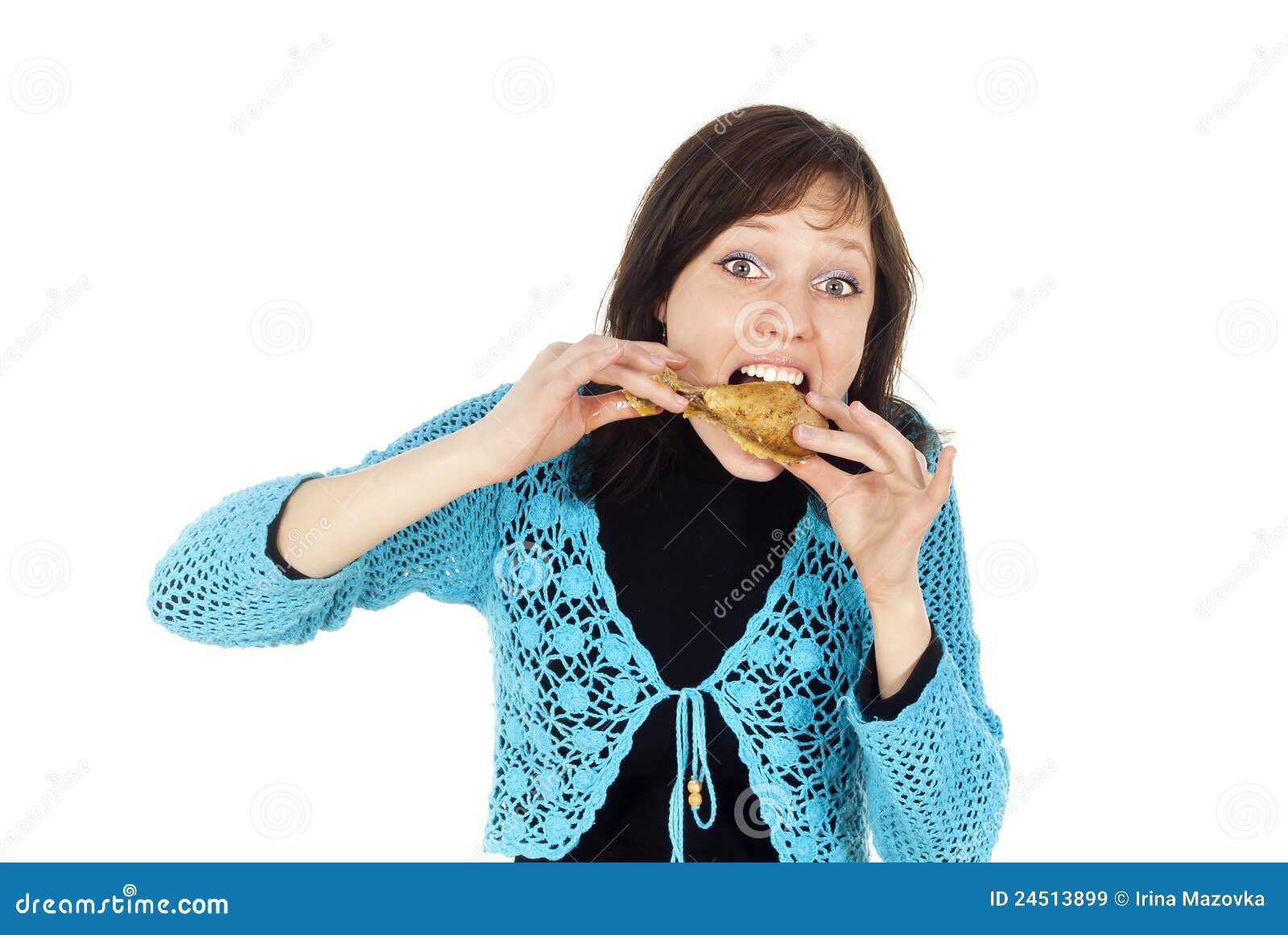 Girl eats greedily chicken stock image. Image of calories - 24513899