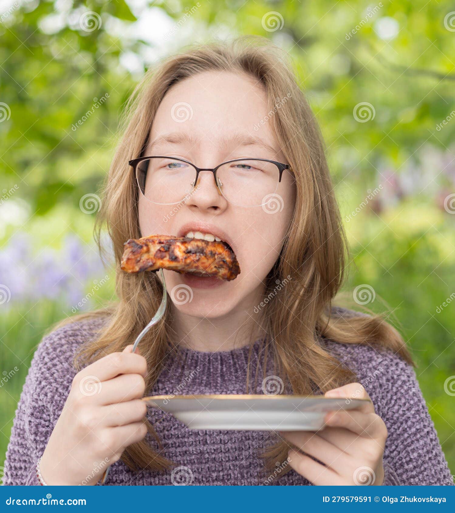 The Girl Eats a Steak in Nature. Picnic. Stock Image - Image of gourmet ...