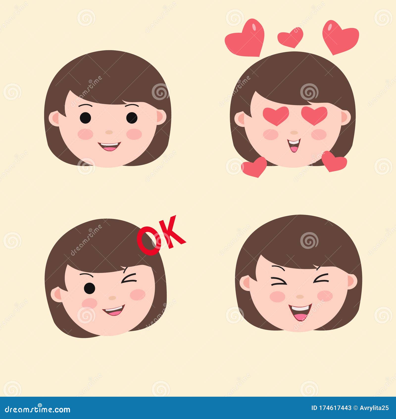Set Cute Girl Emoticon Positive Ekprestion Vector Stock Vector ...