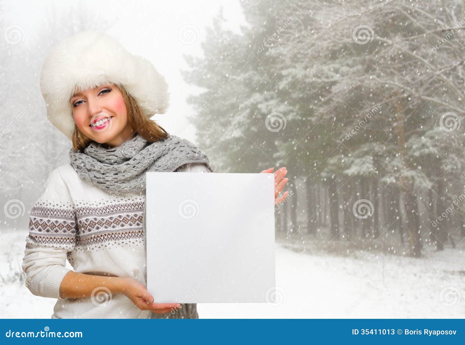Girl with Empty Poster at Winter Forest Stock Image - Image of human ...