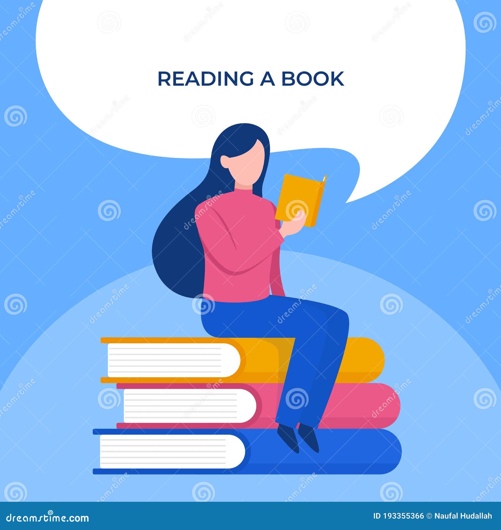 Girl Enjoy Reading a Book Sitting Over Stack of Book Vector Flat ...
