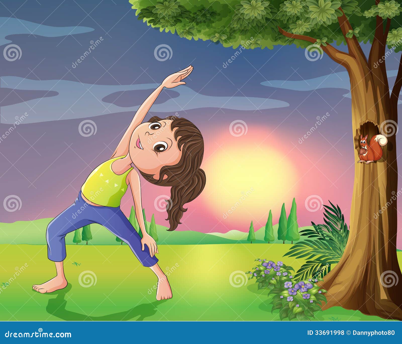 A Girl Exercising Near a Tree with Squirrel Stock Vector - Illustration ...