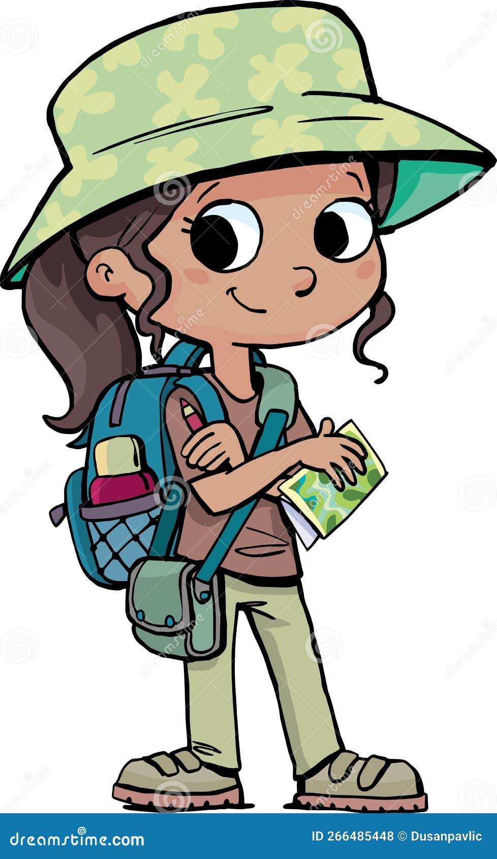 Girl Explorer with a Map and a Backpack Stock Illustration ...