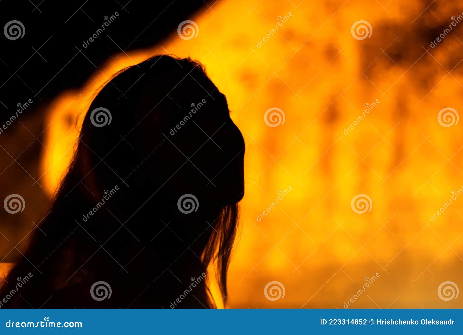 Girl Face Silhouette at Night on the Background of Light of Lanterns ...