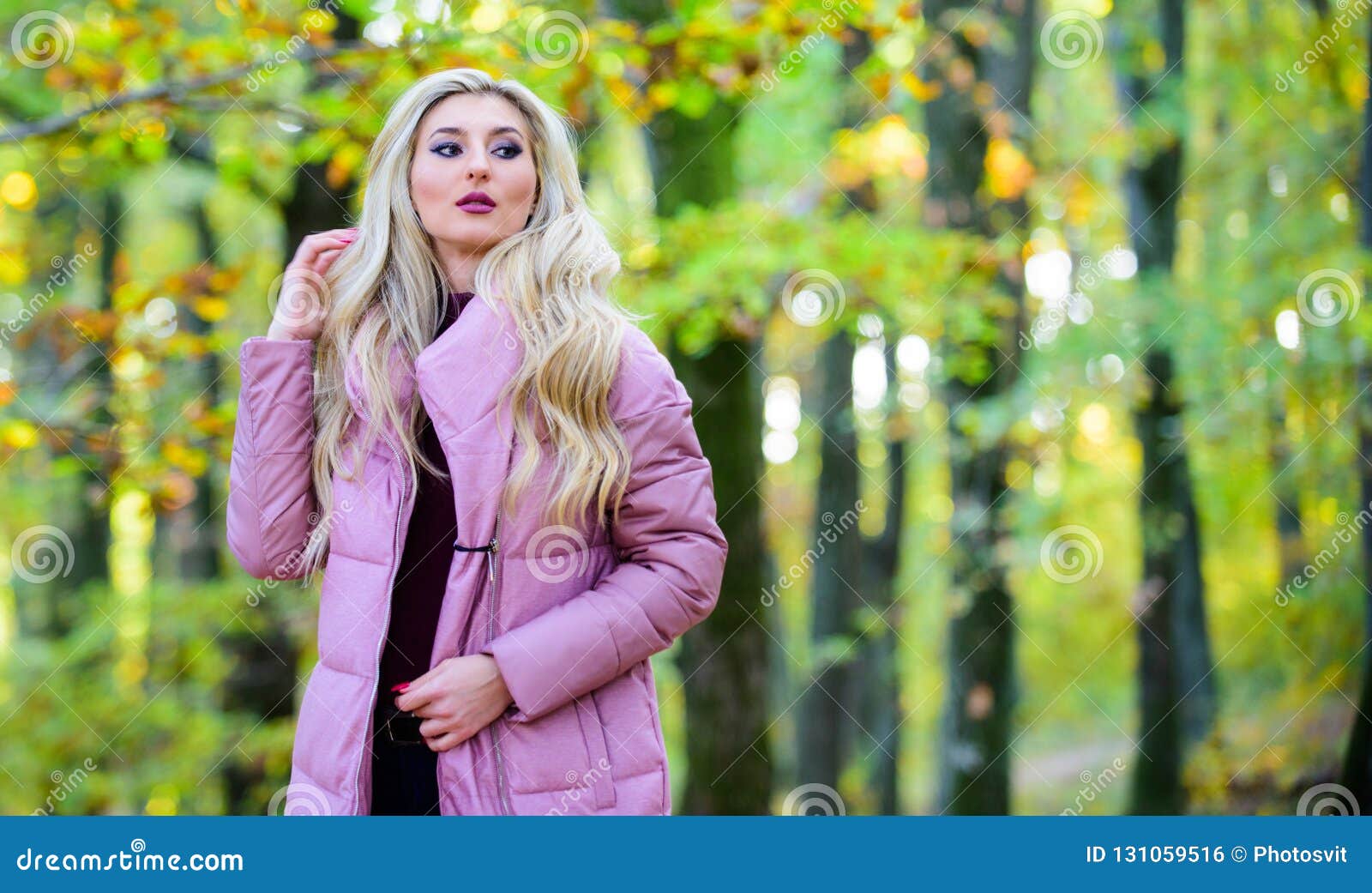 Girl Fashionable Blonde Walk In Autumn Park Autumn Hair Care Concept