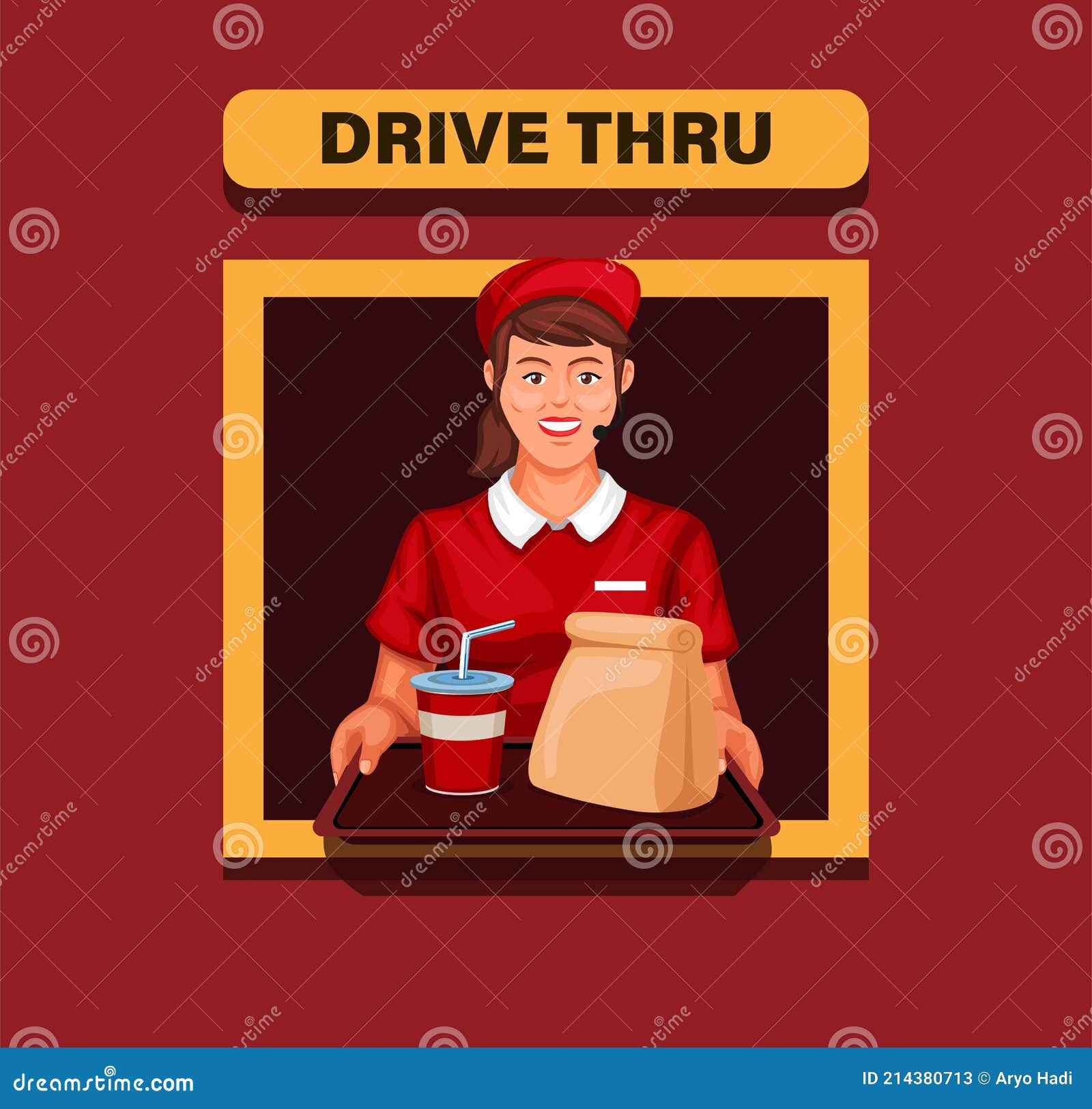 Girl Fast Food Worker Served Order In Drive Thru Service Concept In