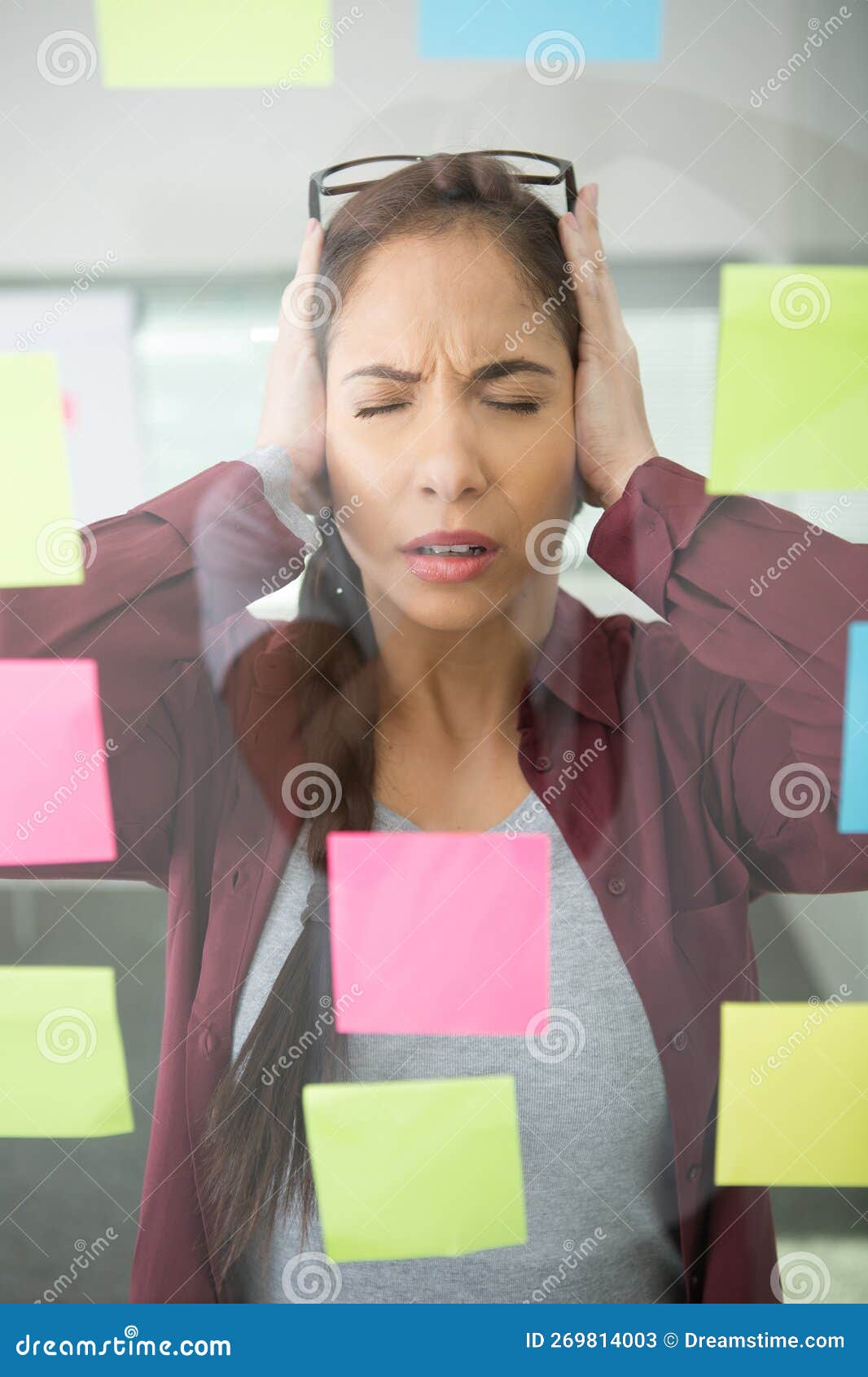 Girl Feels Stressed Surrounded by Sticking Note Stock Image - Image of ...