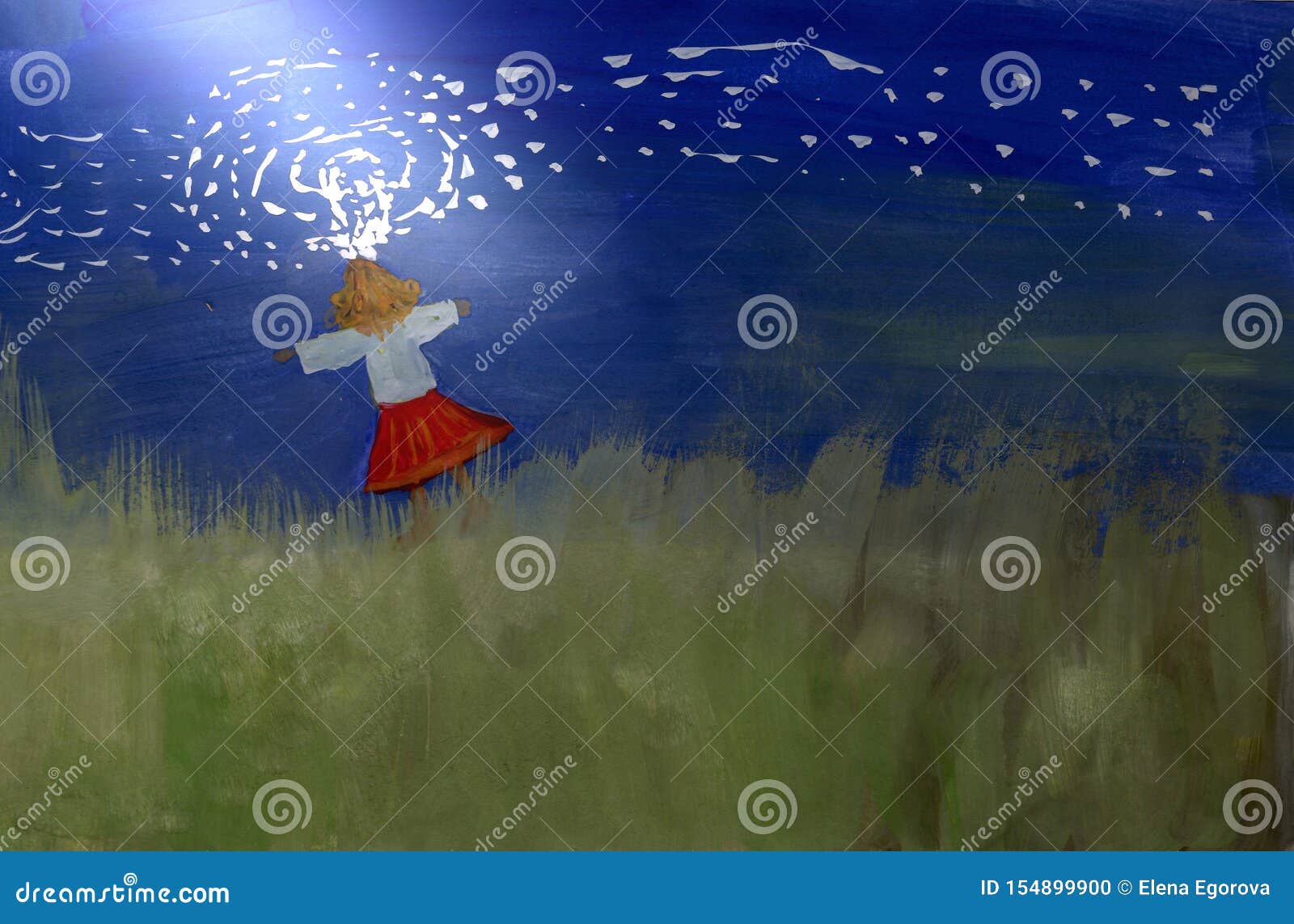 Girl in the Field in a Beam of Light Stock Illustration - Illustration ...