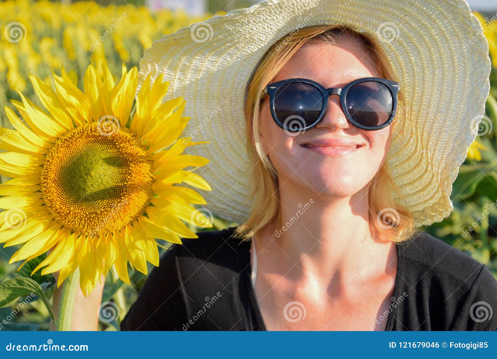 Girl On The Field Of Sunflowers Girl With Sunglasses And A White Hat
