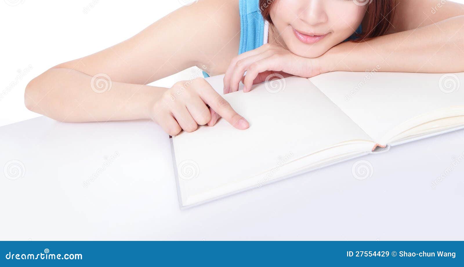 Girl Finger Pointing Book with Copy Space Stock Image - Image of ...