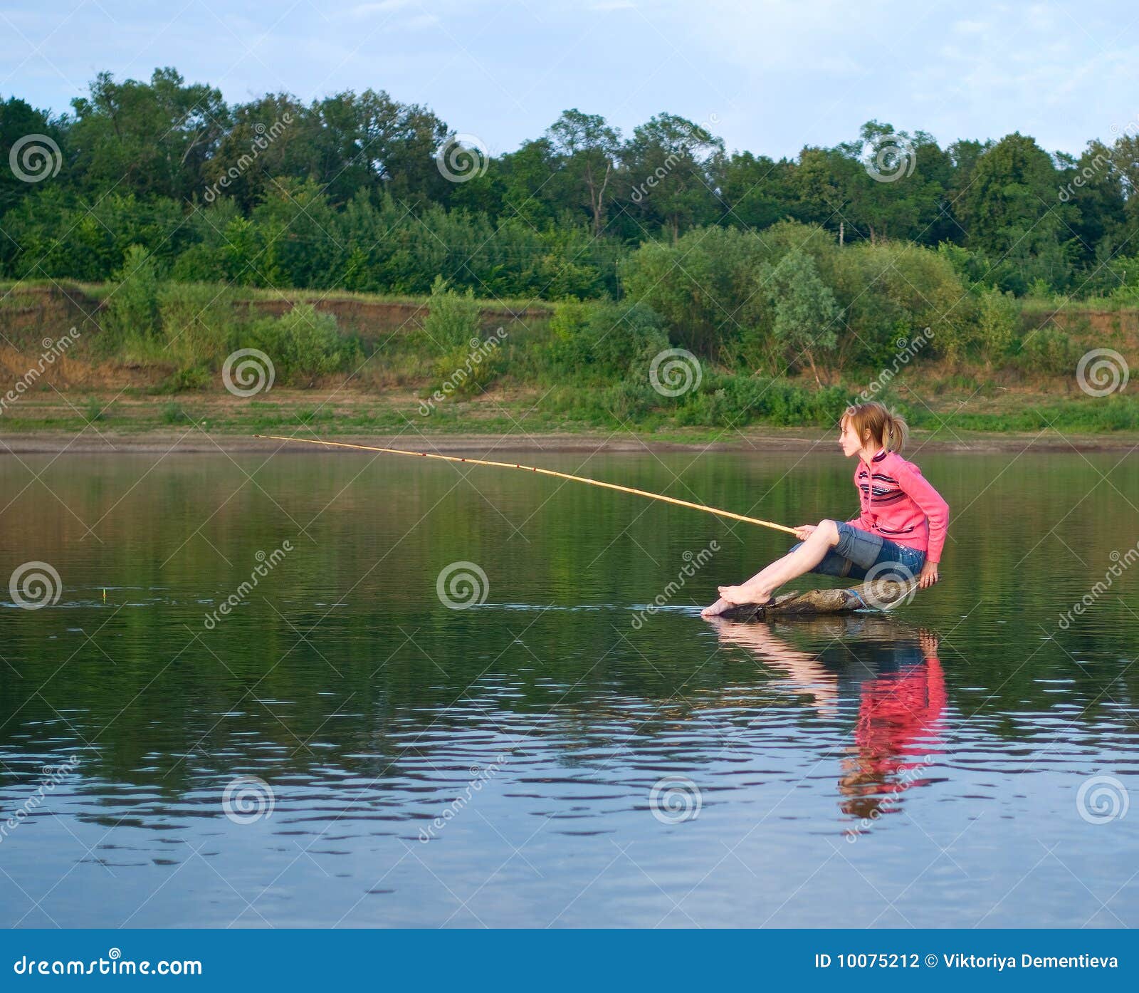 Girl-fisher Sits on a Log in the Middle Stock Photo - Image of tackle ...