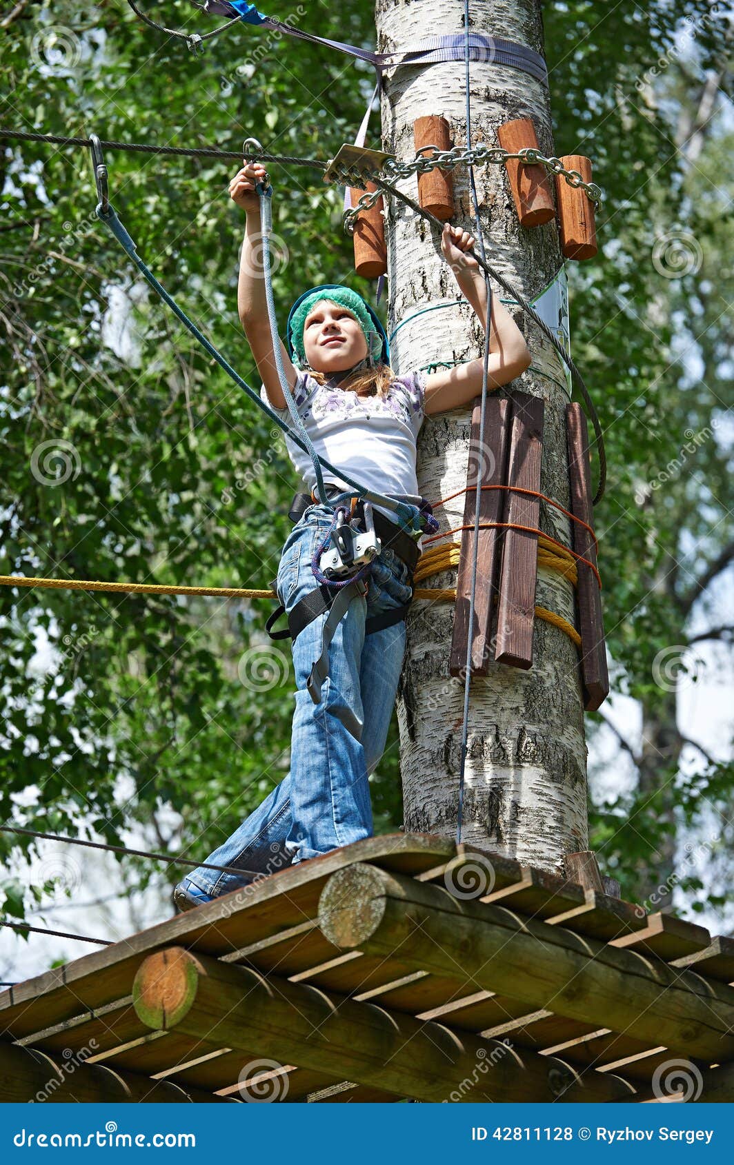 Girl fixes safety cable stock photo. Image of belt, climb - 42811128