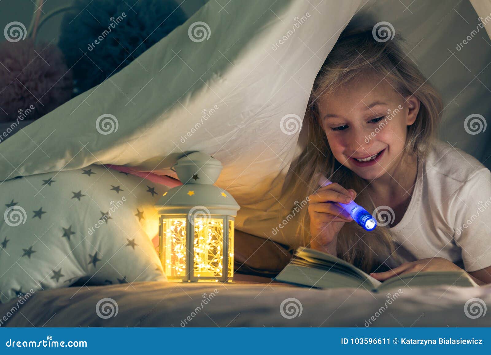 Girl with a flashlight stock image. Image of interior - 103596611