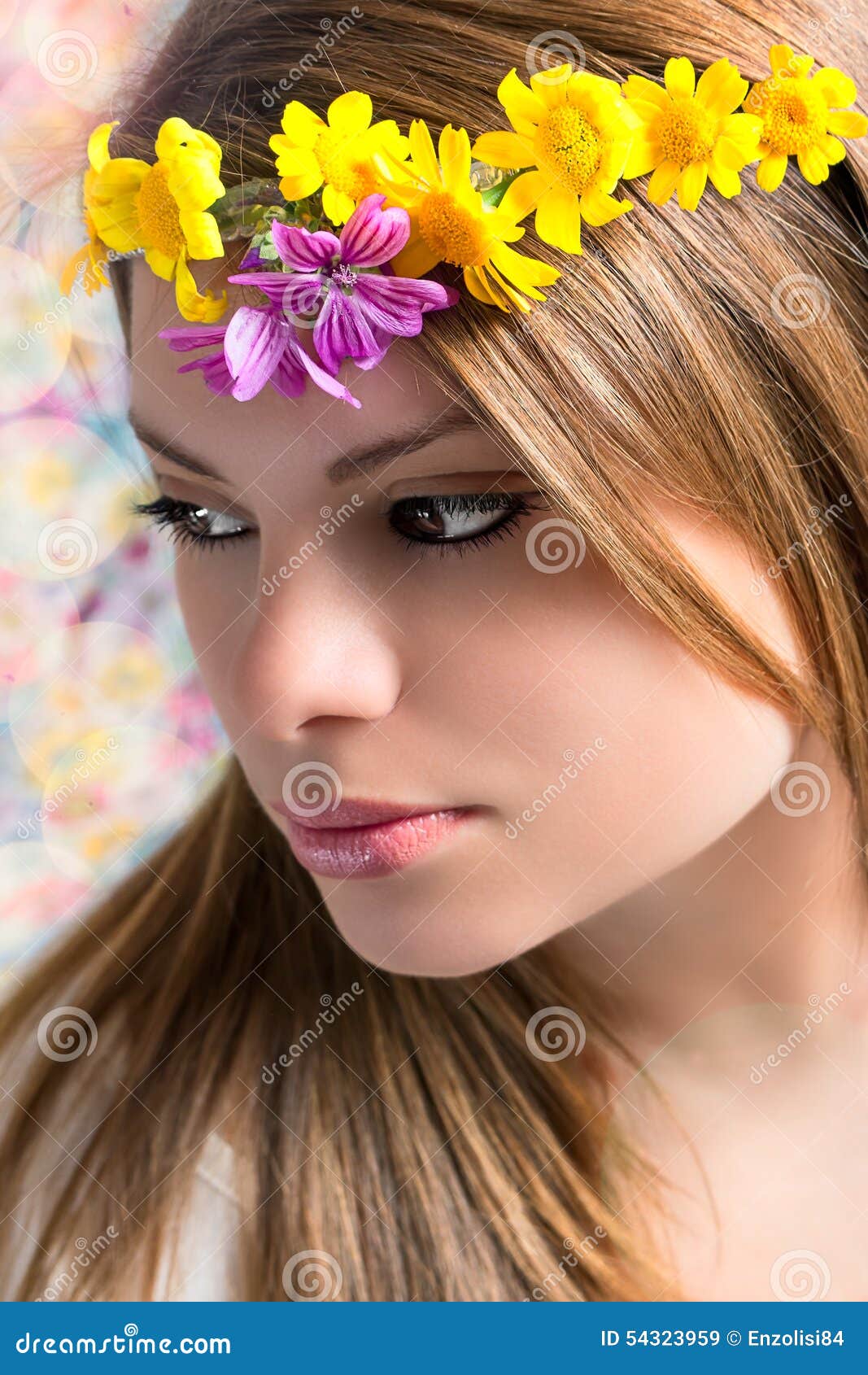 Girl with Flowers on the Head Stock Image - Image of skincare, portrait ...