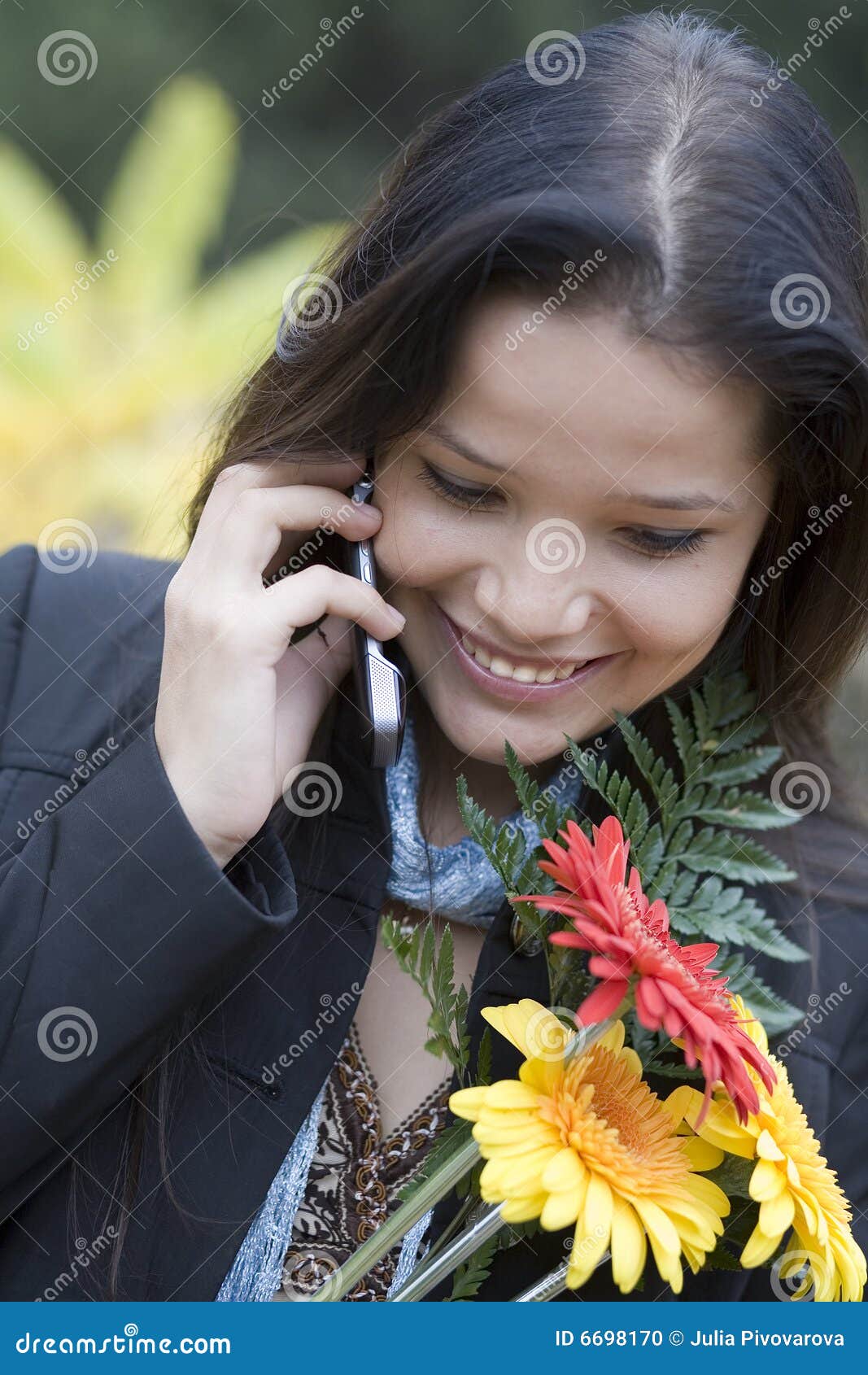 Girl with Flowers Talking by Phone Stock Photo - Image of adult ...