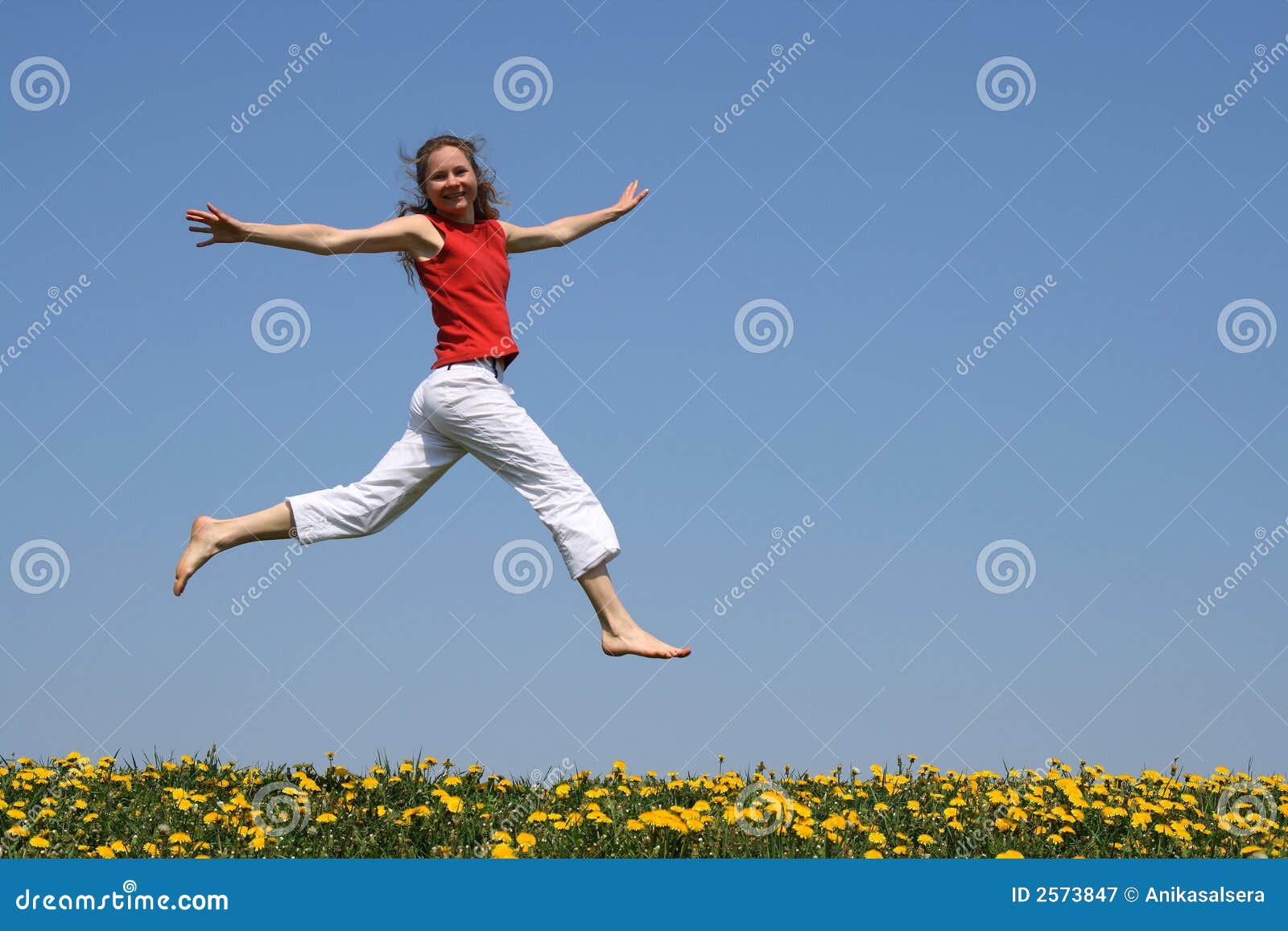 Girl flying in a jump stock image. Image of blue, barefoot - 2573847