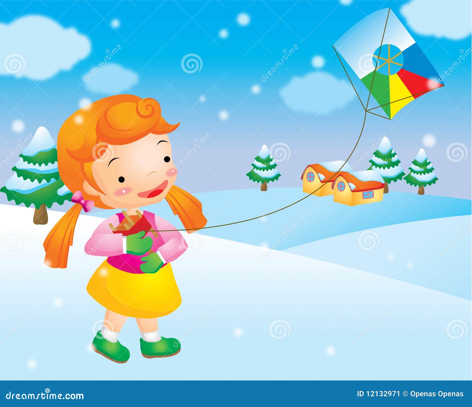 Girl flying kite stock vector. Illustration of snow, kids - 12132971