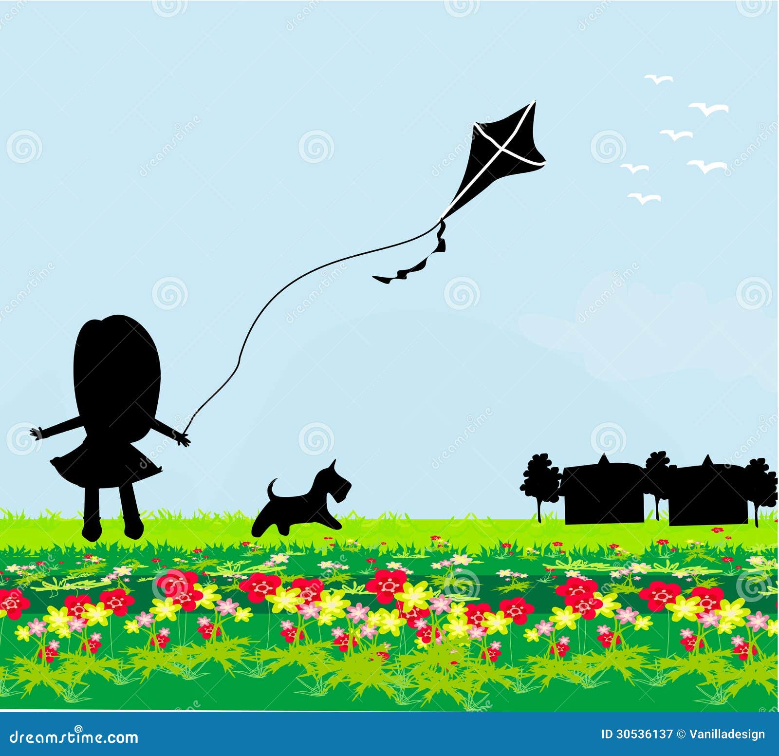 Girl with flying kite. stock vector. Illustration of play - 30536137