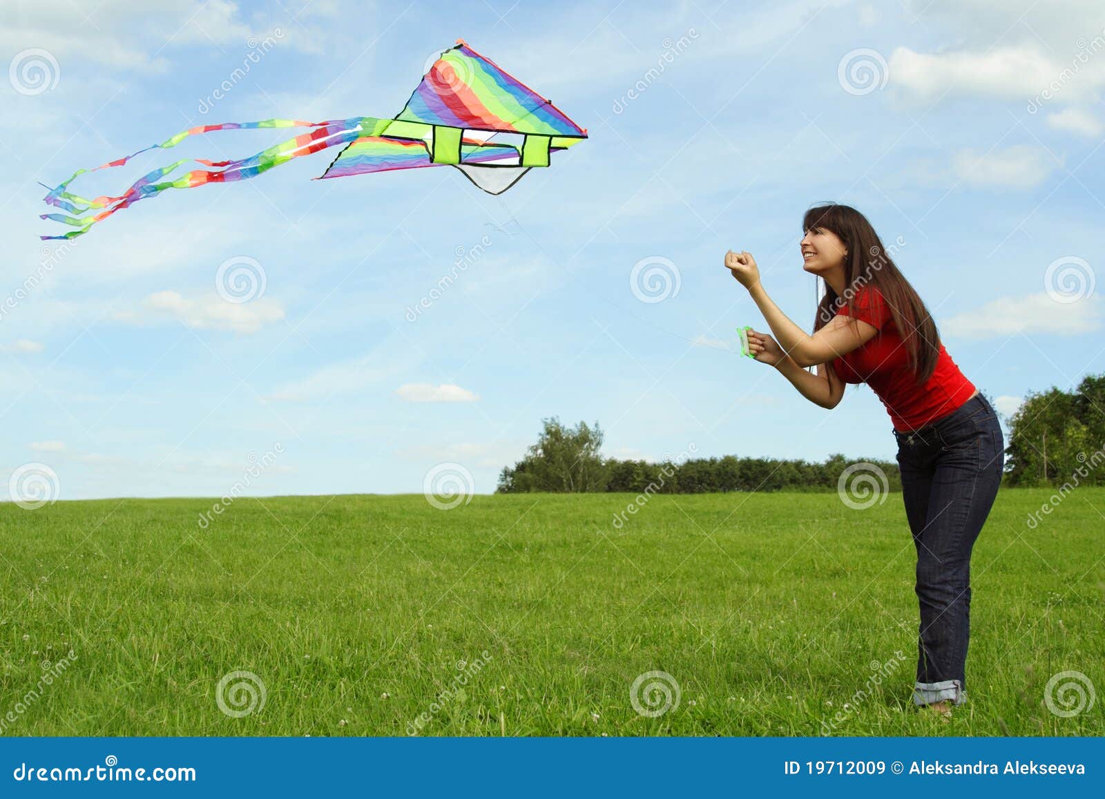 Girl Flying Kite On Summer Meadow Stock Image - Image of look, female ...