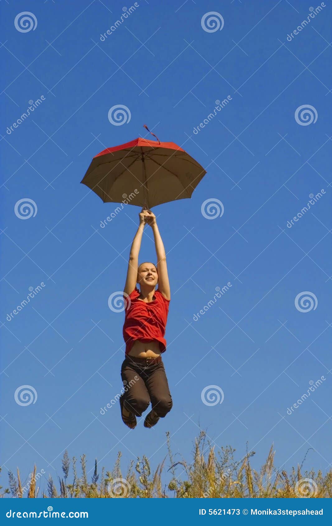 Girl Flying with Red Umbrella Stock Image - Image of blue, sport: 5621473