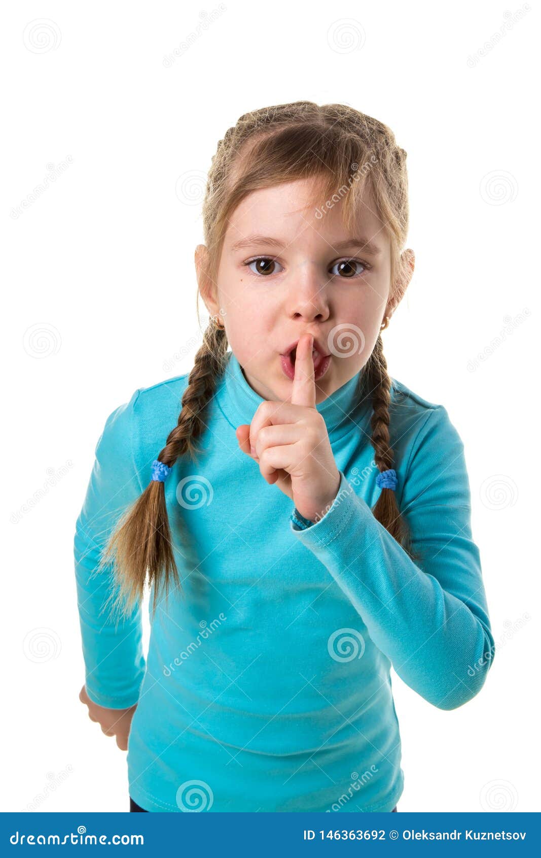 Girl Fooling Around And Point The Finger To Be Quiet White Isolated Portrait Background Stock
