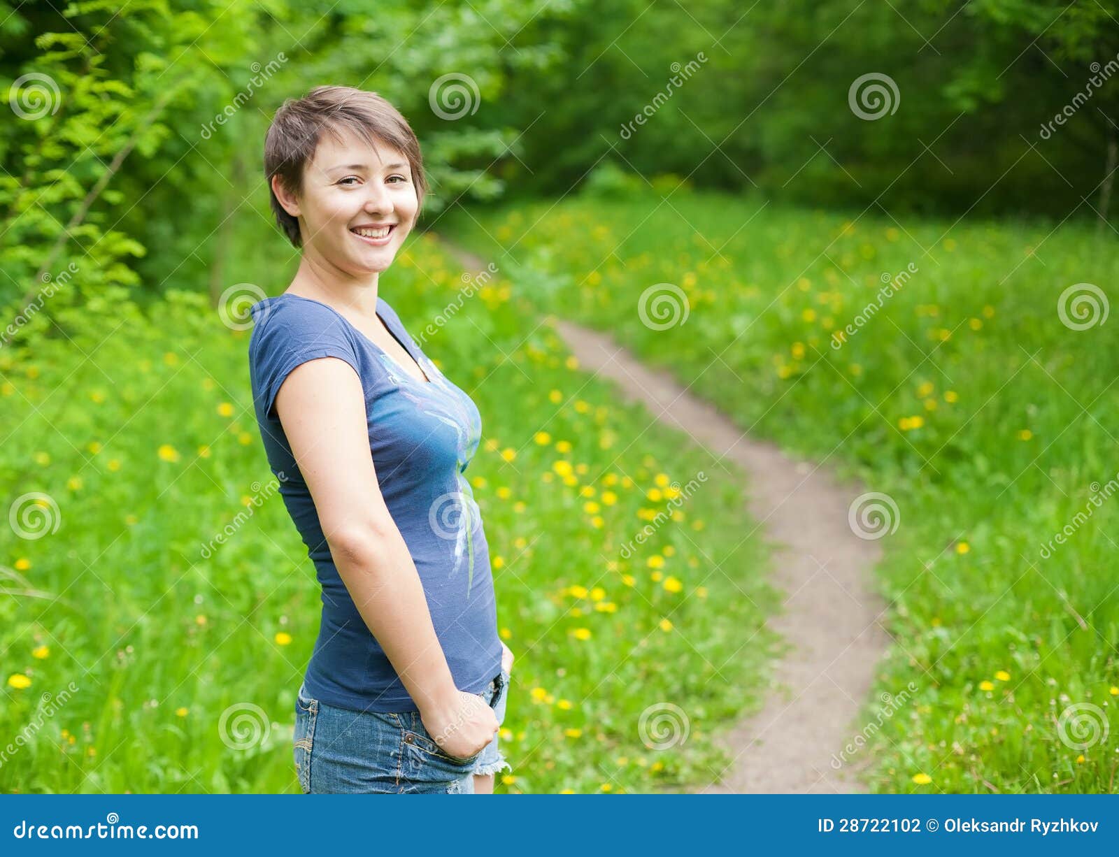 Girl on a forest path road stock photo. Image of perspective - 28722102