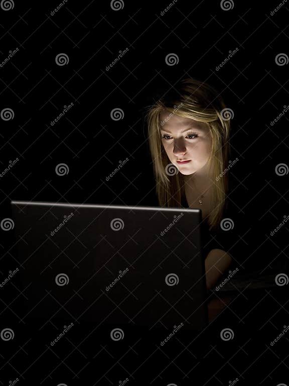 Girl in Front of a Computer Stock Photo - Image of computing, shadows ...
