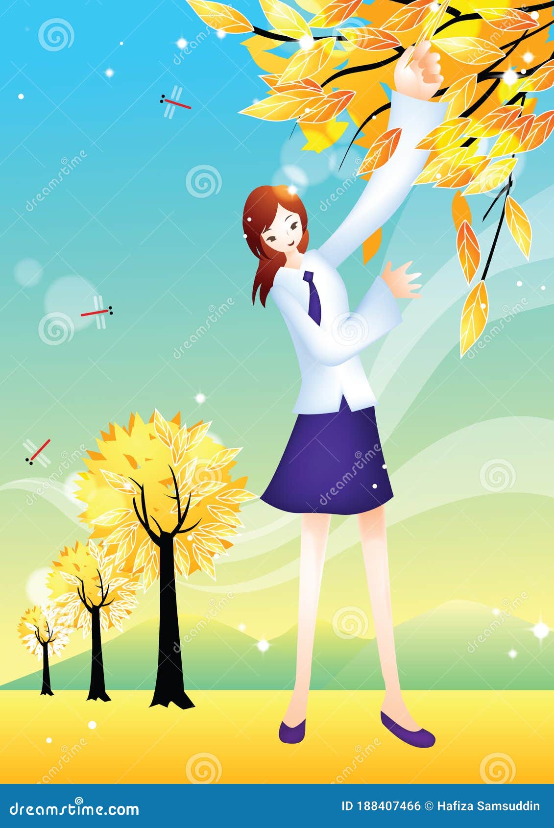 Girl in Garden Pulling Leaves. Vector Illustration Decorative Design ...