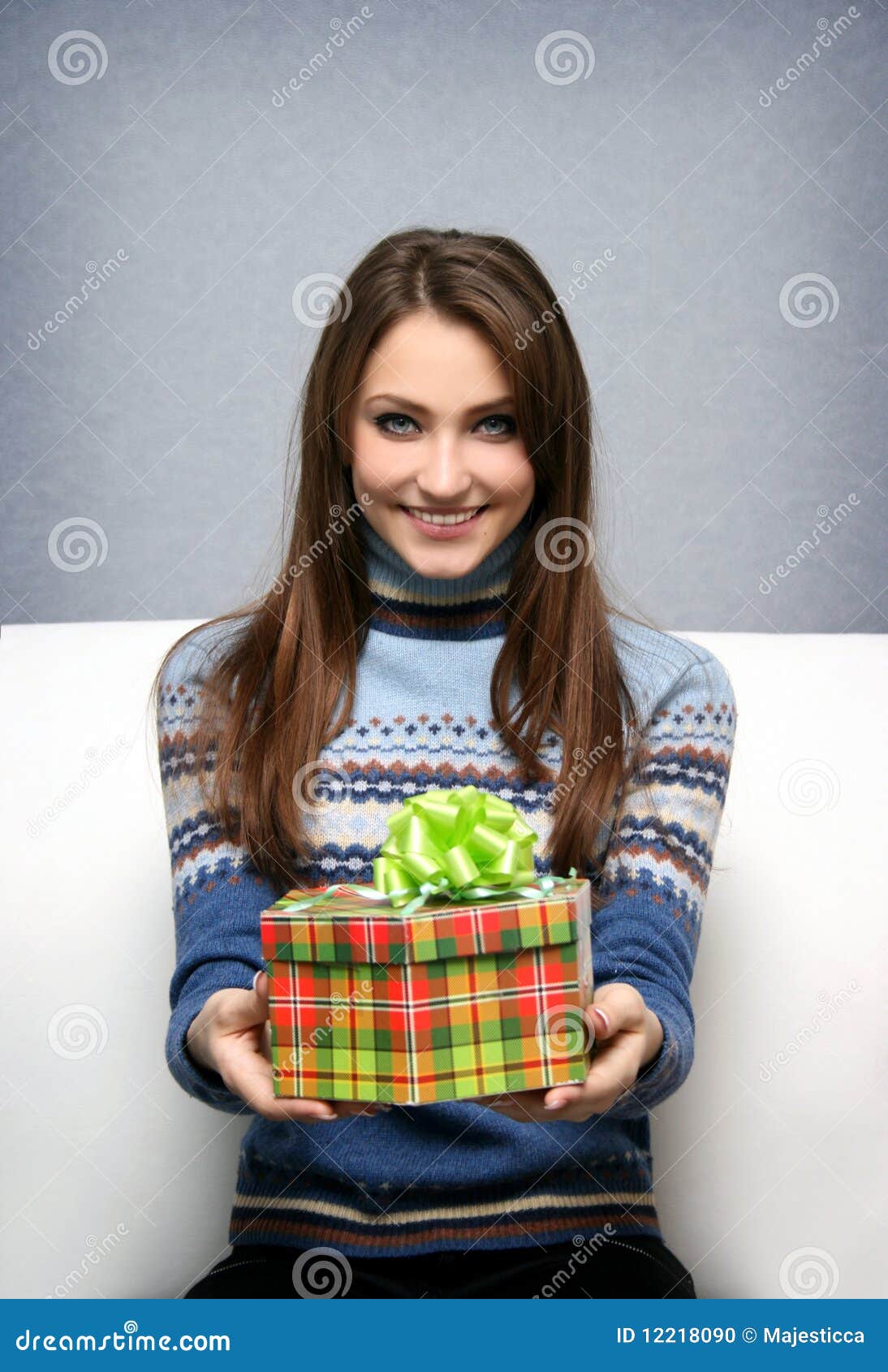 Girl gives a gift stock photo. Image of friendship, blue - 12218090
